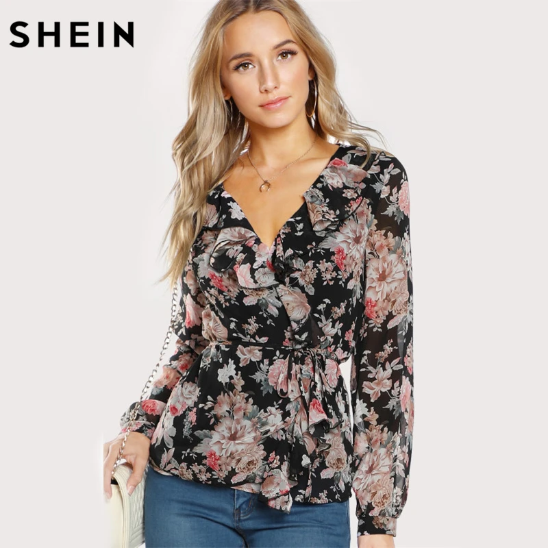 Buy Shein V Neck Womens Tops Frilled Neckline Surplice