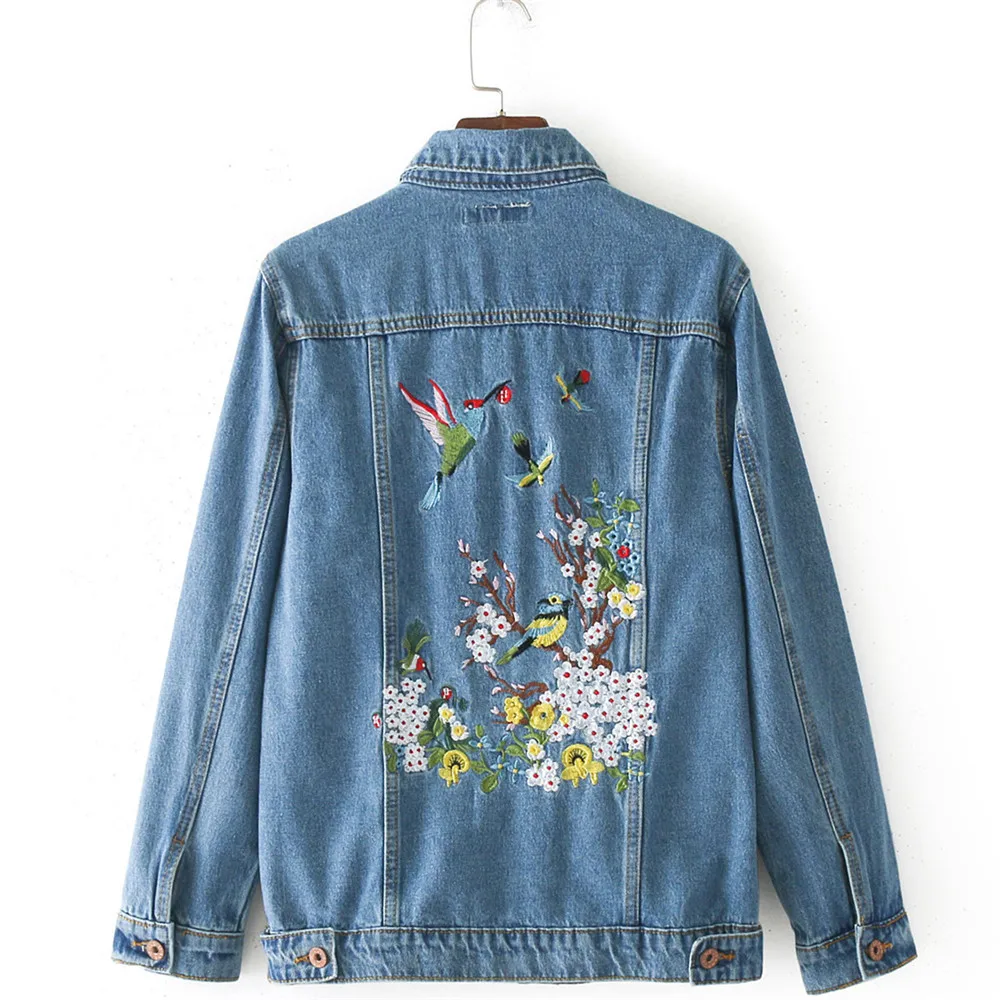 2018 Autumn Cotton Denim Jacket Women Birds Floral Embroidery Jackets ...