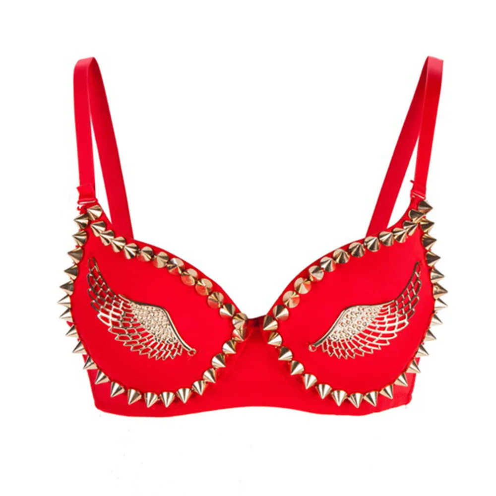 XXL Sexy Gold Wings Rivet Stud Bra Red Push Up Bralette Top Punk Rave ...