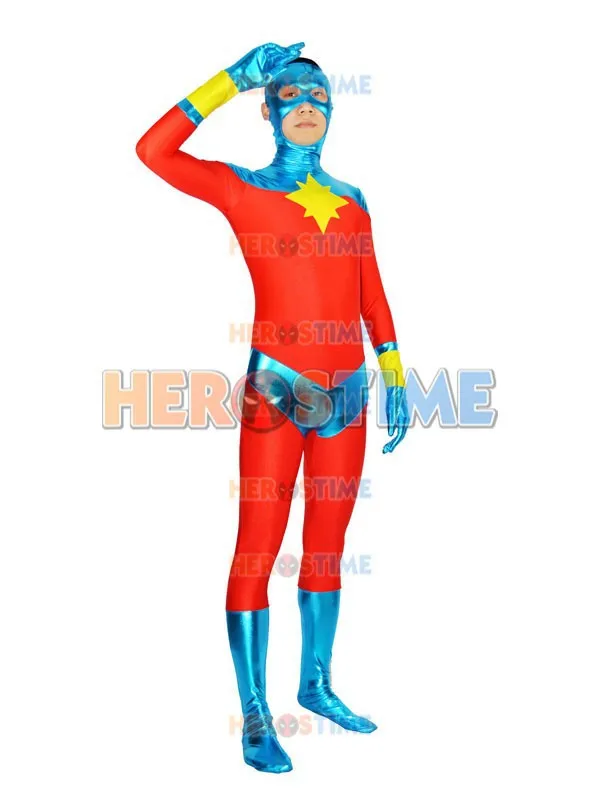 Captain Marvel Mar-vell Superhero Costume Red And Blue Spandex Shiny ...