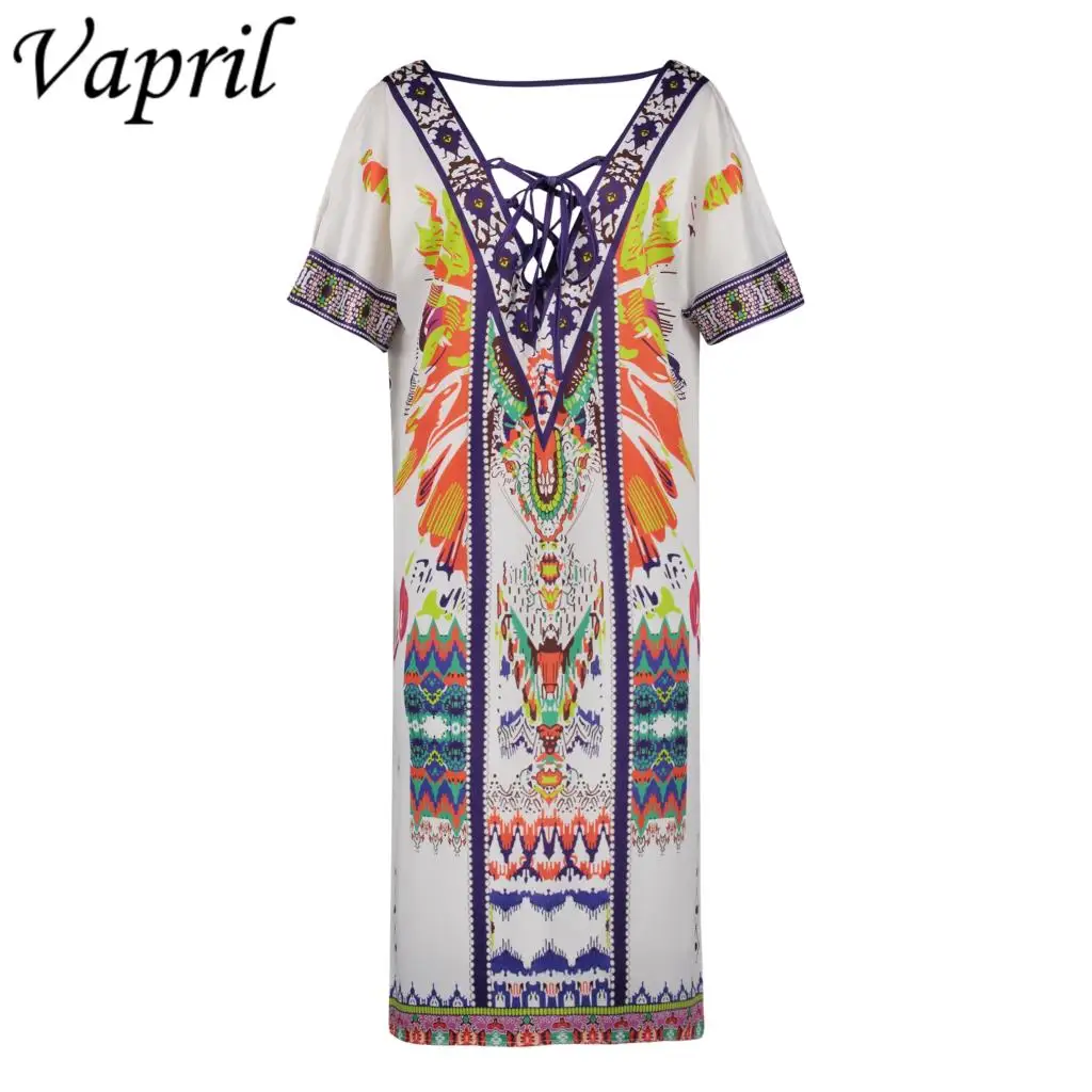 V Neck Lace Up Summer Dress Loose Print Flowers Short Sleeve Vestidos