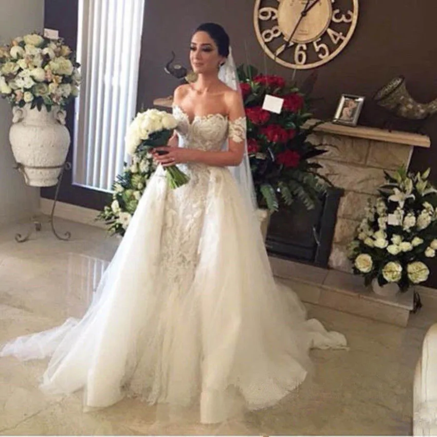 Mzyh78 Off The Shoulder Sexy Lace Mermaid Detachable Tulle Train