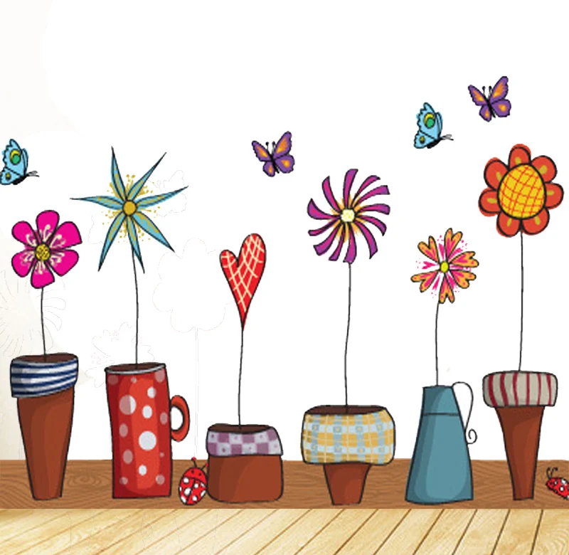 Cartoon Hand Drawing Pot Plant Flowers Wall Stickers Bonsai Butterfly ...