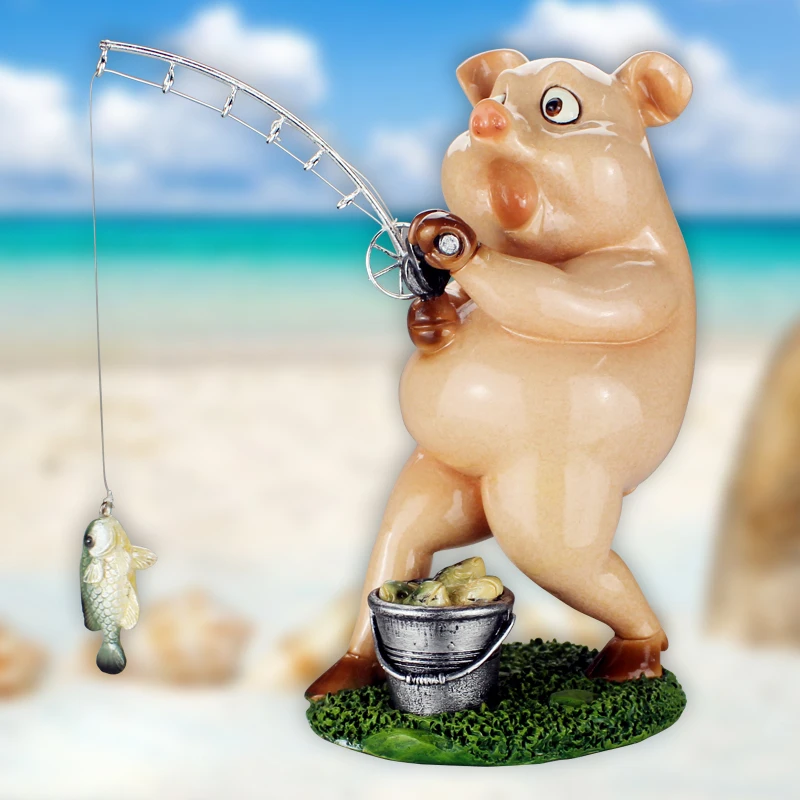 Resin Creative 3d Pig Fishing Figures Decoration Figurine Model,bedroom ...