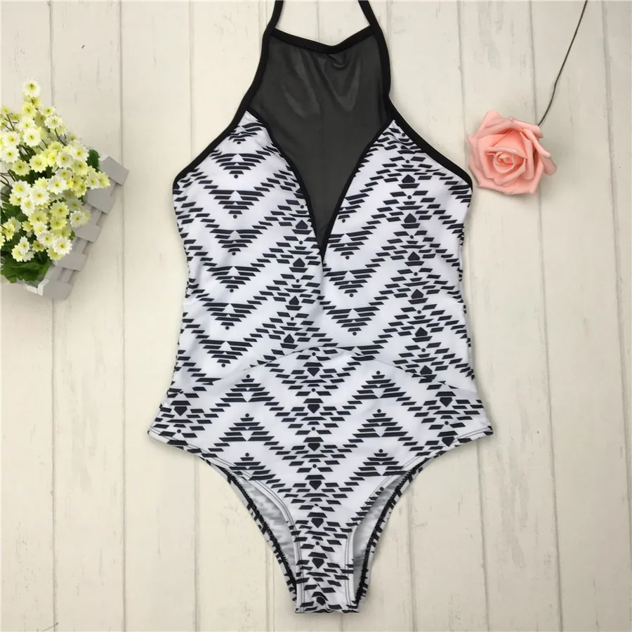 2016 One Piece Bodysuit See Through Black White Swimwear Mesh High Neck