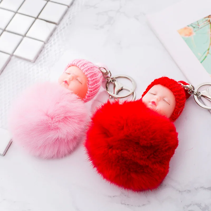 NEW Cute Sleeping Baby Doll Keychain Rabbit Fur Ball Car Keyring Key ...