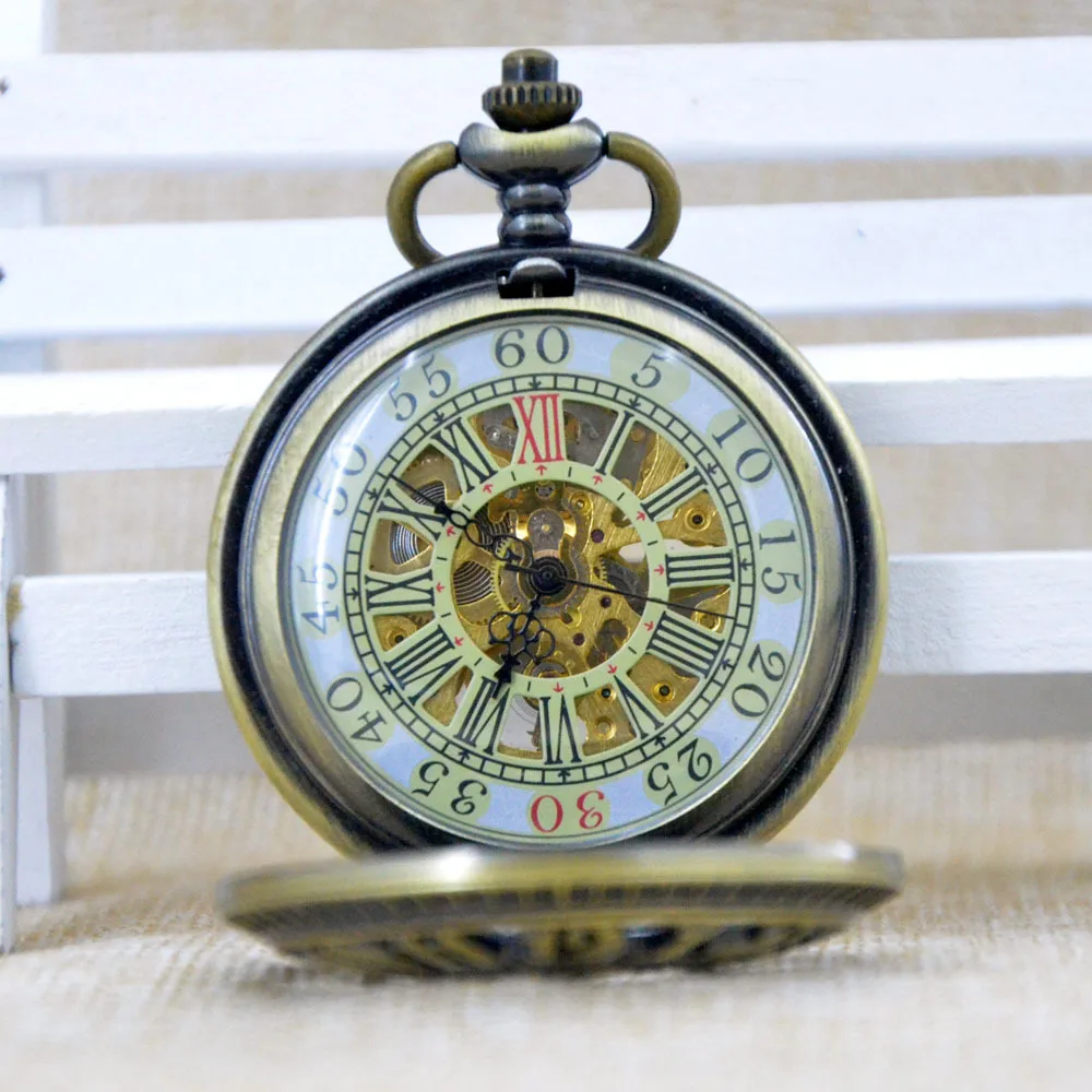 Bronze Arabic Numbers Hollow Mechanical Hand Wind Skeleton Roman ...