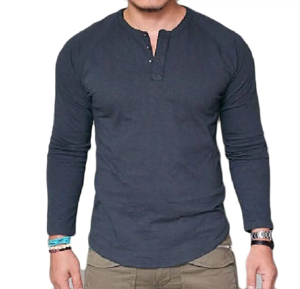 Mens Henley T Shirt Long Sleeve Crew Neck With Button Slim Fit Plain