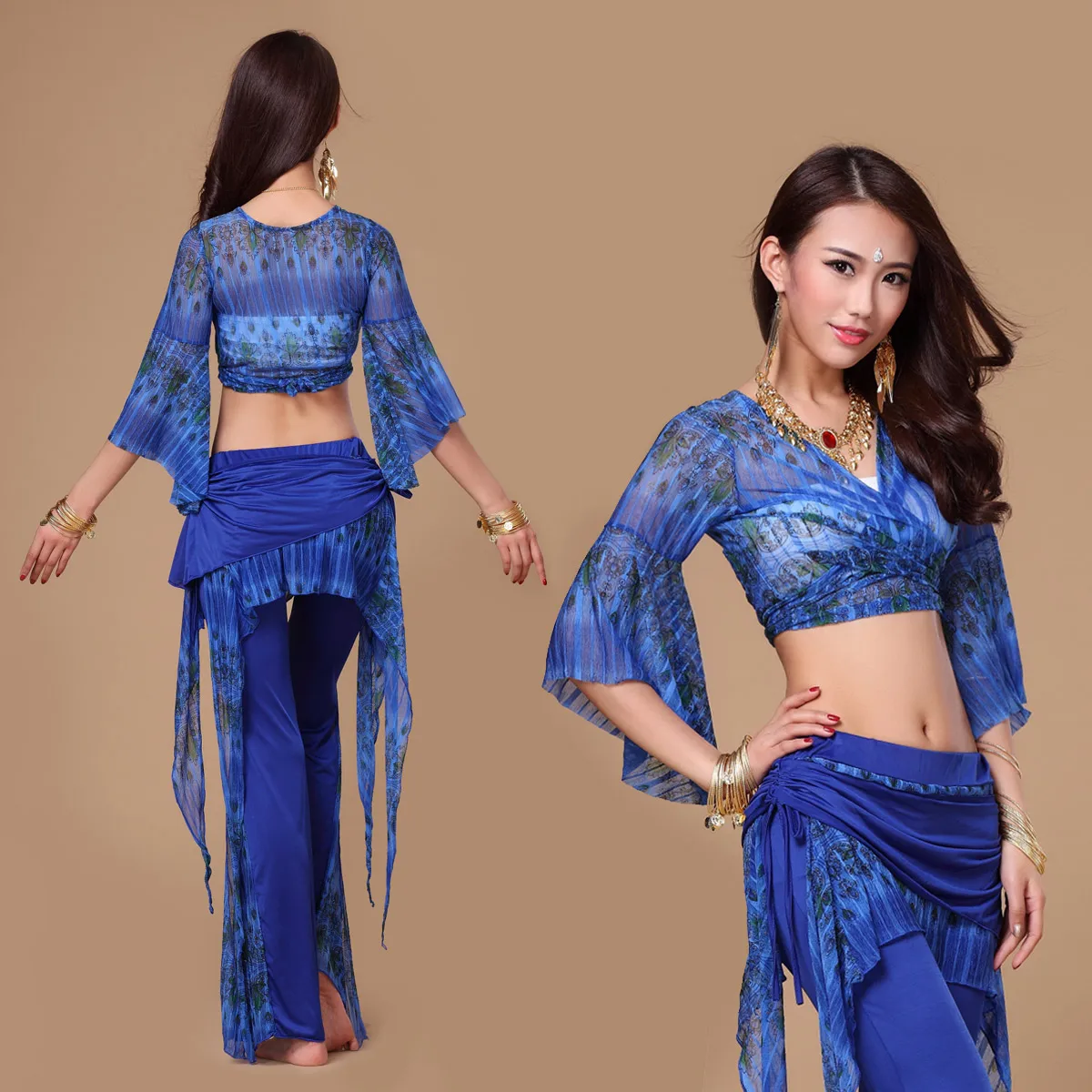 Belly dance clothes set deep V neck encoustic yarn set peacock leotard ...