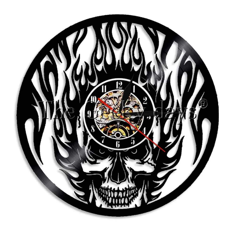 Black Fire Skull Wall Clock Cranium Horror Vinyl Clock LP Record Death ...