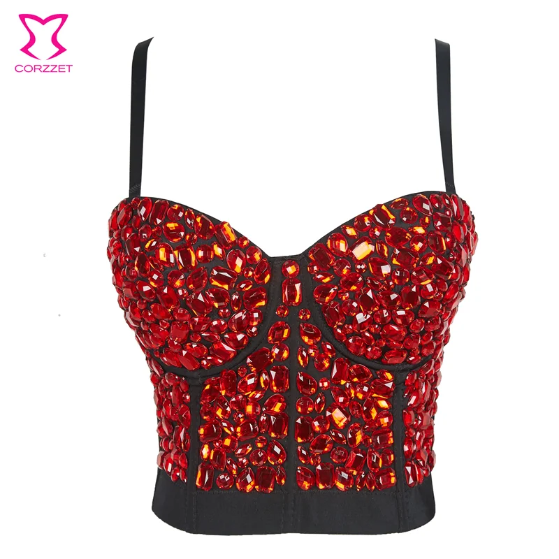 Red Crystal Diamonds Club Dance Punk Rock Gothic Bralette Push Up Bras ...