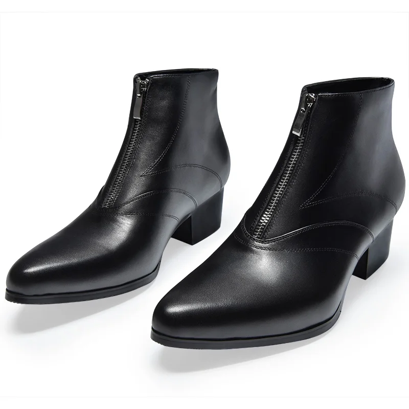 Elegant Men High Heel Dress Boots Pointed Toe Zip Ankle Boots Winter ...
