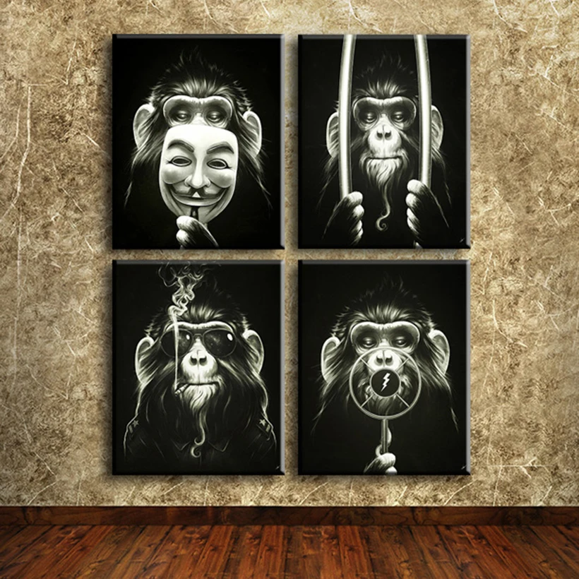 Wall Art 4 Panels Pictures Black Abstract Monkey Modern Wall Pictures ...