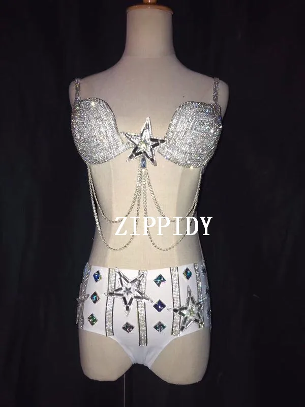 Sexy Sparkly Crystals Bikini Outfit Silver White Bra Short Rhinestones