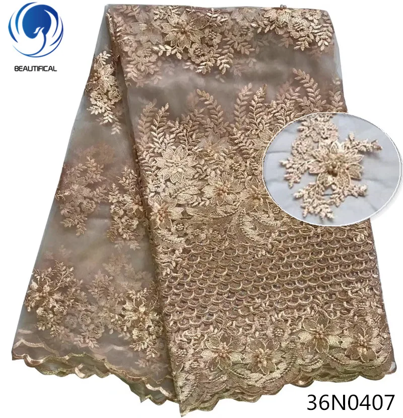 Hermosa tela de encaje de oro 3d tela de encaje de tul francés africano ...