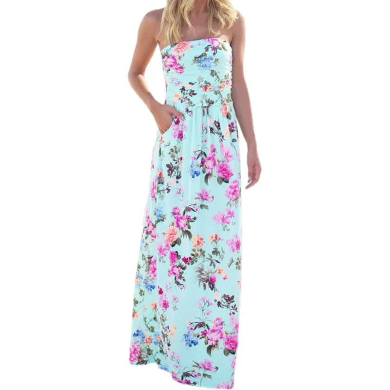 Summer Women Print Bohemian Floral Dress Sexy Strapless Beach Long Maxi ...