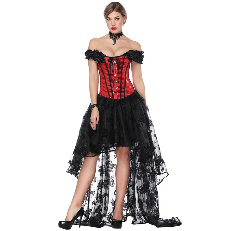 Red And Black Short Sleeve Corsets And Bustiers Gothic Steampunk Clothing