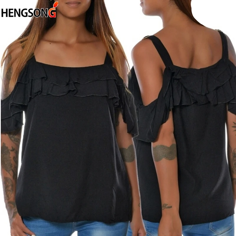 Women Off shoulder tank top casual solid ruffles tank tops female loose ...