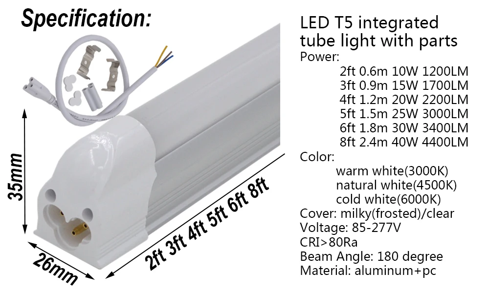 T5 Integrated Bulb Fixture 2ft 3ft 4ft 5ft 6ft 8ft LED Tube Light Slim ...