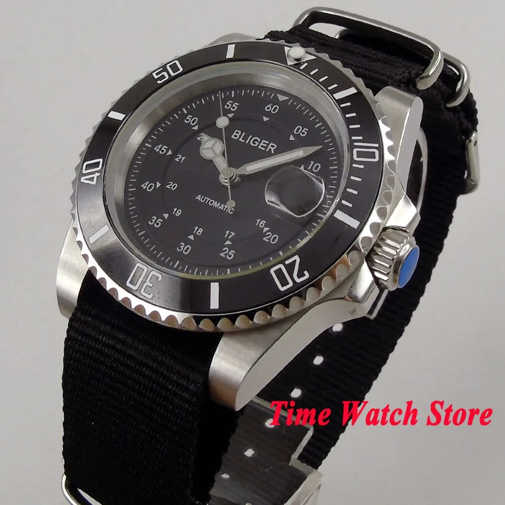 Bliger Luxury Quality 40mm waterproof dive pilot nylon black dial date ...