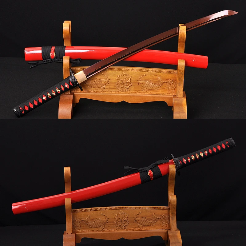 OIL QUENCHED JANPANESE SAMURAI SWORD WAKIZASHI DAMASCUS FOLDED STEEL ...