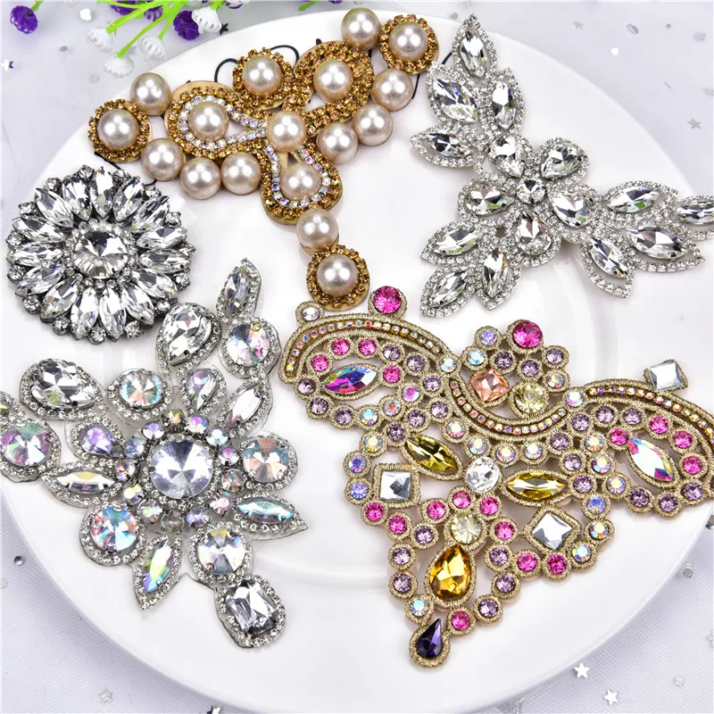 2Pcs 3D Sew On Patch Rhinestones Pearl Shoes Flower Applique Sequin Beads Motifs For Crystal ...
