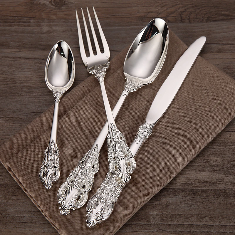 4-24pcs Luxury Wedding Silverware Set Silver Plated Dinnerware Dinner ...