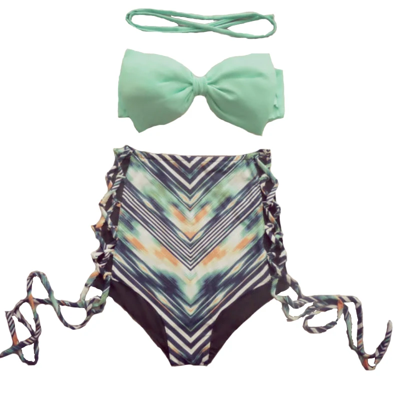 Sakkus Bandeau Bikini High Waist Swimsuit Women Hot Bow Bandage Swimwear Sexy Print Bikinis