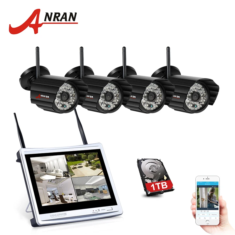 ANRAN CCTV Plug Paly 4CH WIFI NVR 12''LCD Monitor 48 IR Outdoor 1080P ...