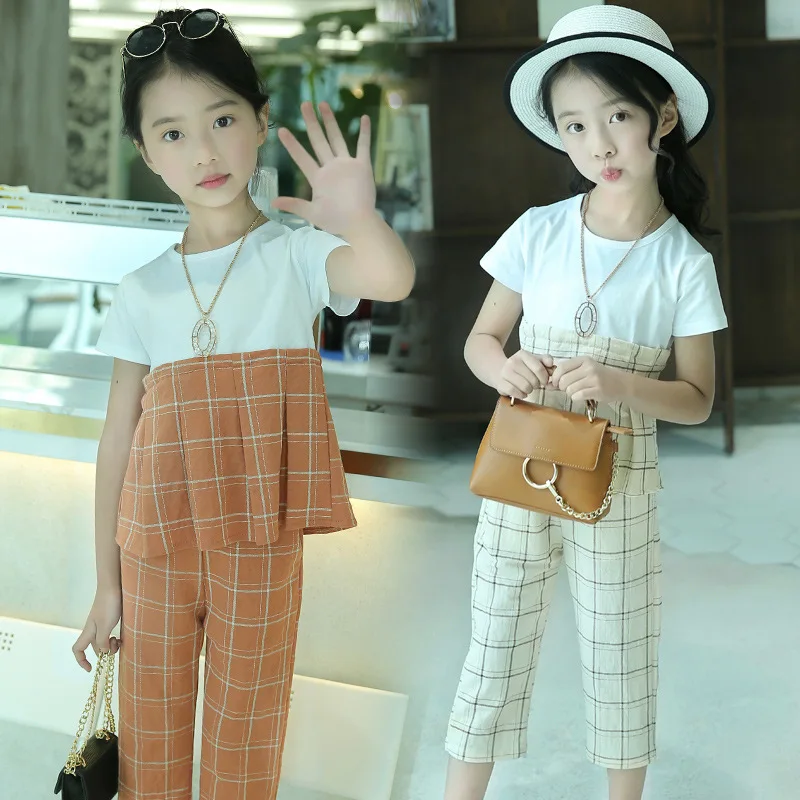 Girls Clothing Sets Summer Children Patchwork Plaid T shirts & Pants ...