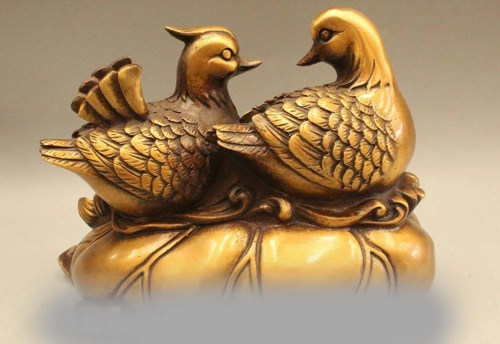 10" Chinese Folk Brass Cute Male Female Mandarin duck Bird Lotus Flower ...