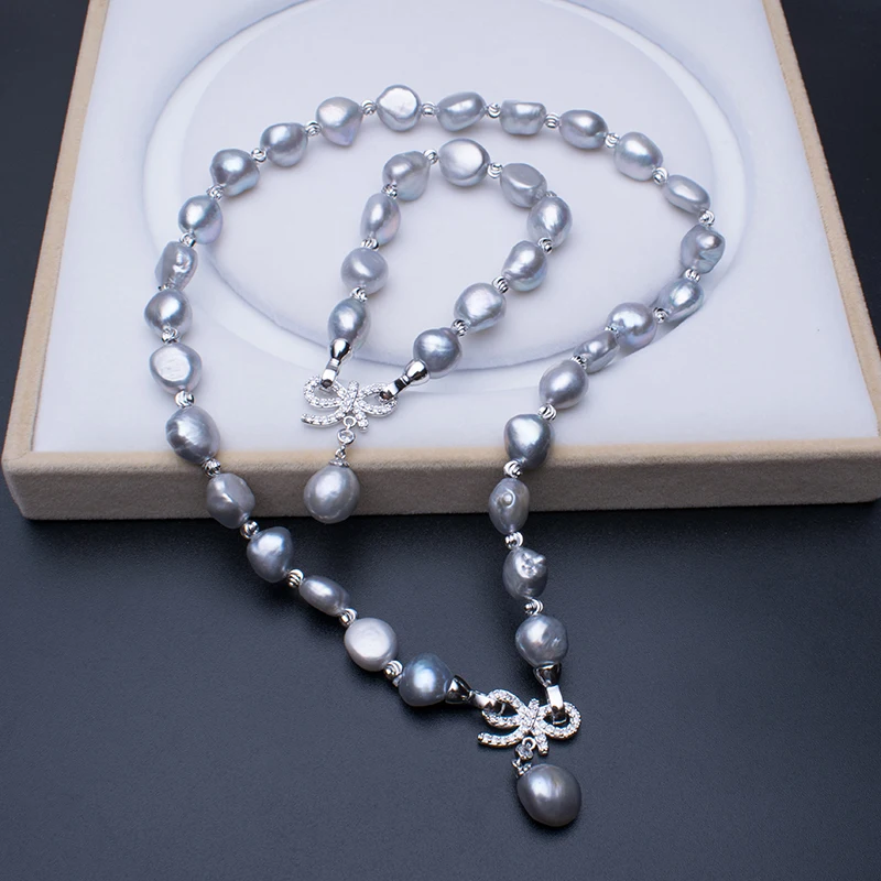 Conjunto de joyas de perlas grises barrocas de 10 12mm collar de perlas ...