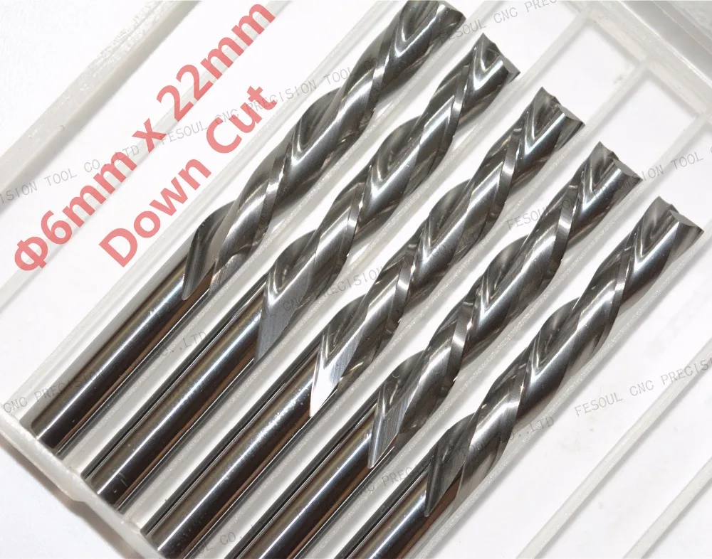 6mm*22mm 5PCS, 2 Flutes Down cut end mill,Left Helical solid Carbide ...