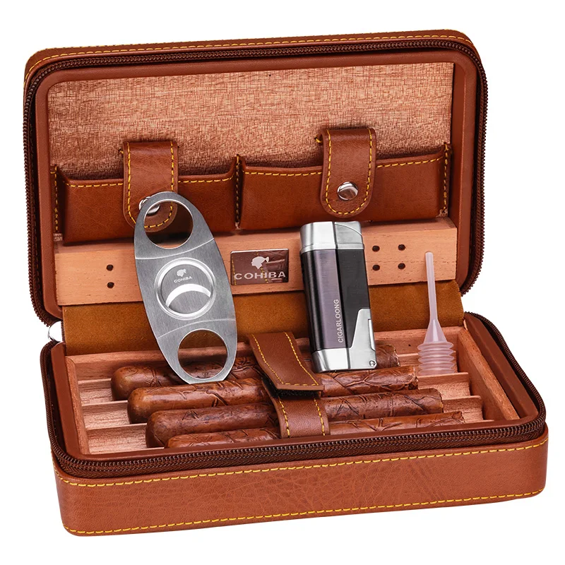 Black Brown Leather Cigar Case Humidor with Lighter Cutter Humidifier ...