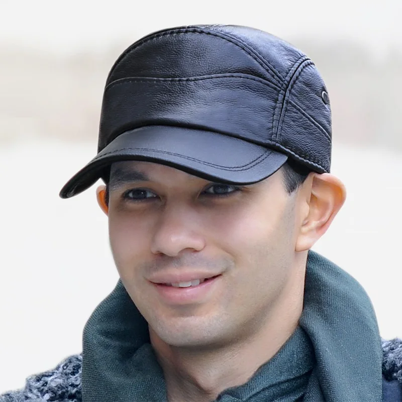 Men's Winter Warm Leather Hat Adult Earprotection Baseball Cap Male PU ...