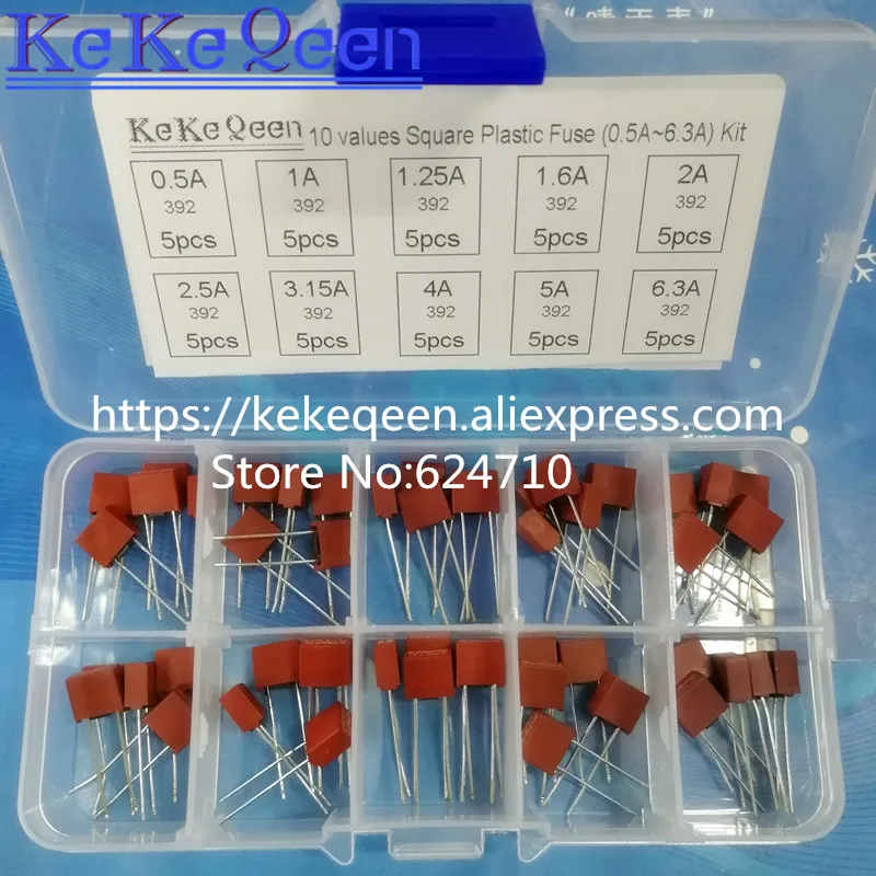 Fusible de plástico cuadrado, 10 valores, 392, 0.5A, 500mA, 1A, 1.25A, 1.6A, 2A, 2.5A, 3.15A, 4A ...