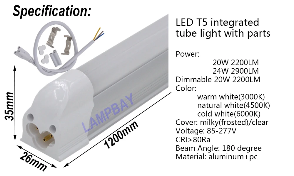 Dimmable LED Tube Light 4 foot 1.2m T5 Integrated Bulb Fixture 48 Slim Bar Lamp Linkable Linear ...