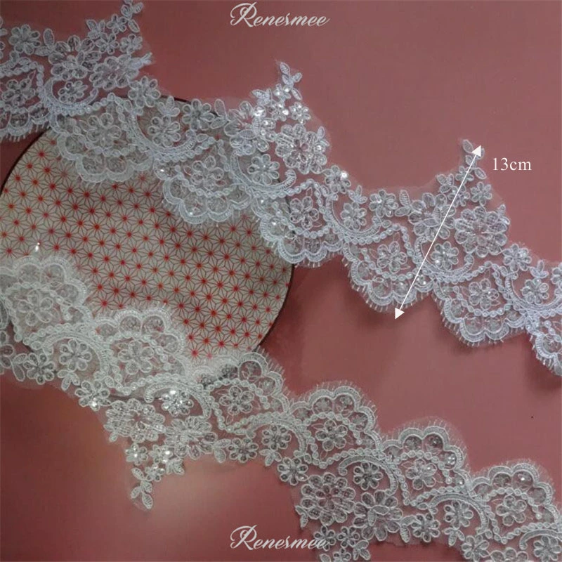 Delicate 1Y White/Ivory Cording Fabric Sequins Flower Venise Venice ...