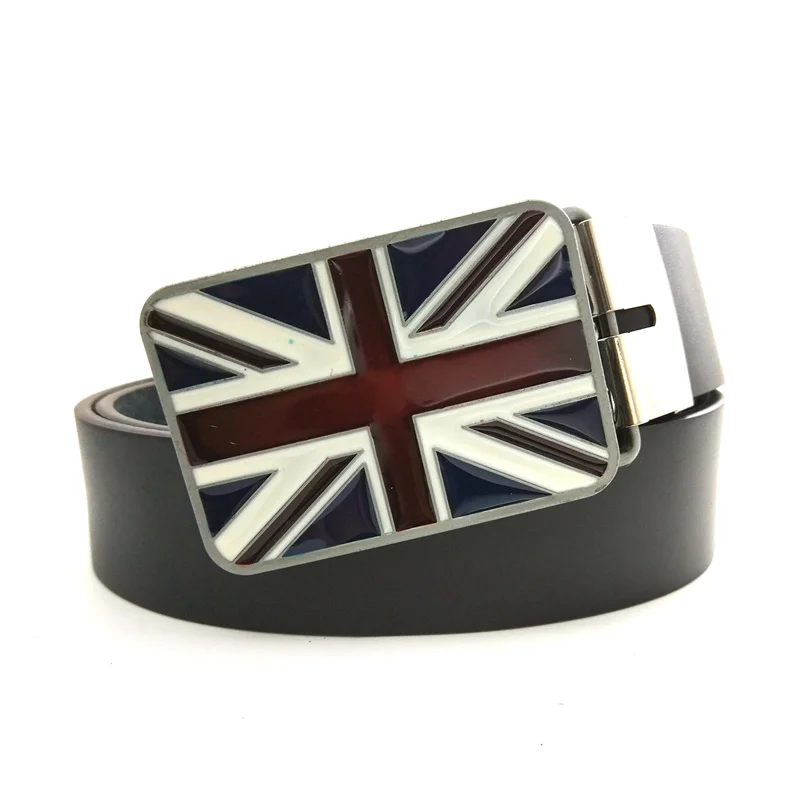Black leather belt with metallic sparkle Union Jack buckle ...