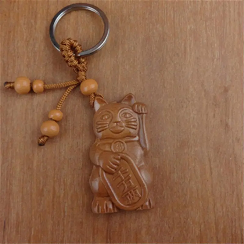 Cat Keychain New Fashion Wood Carving Lucky Cat Keychain Wooden Key ...