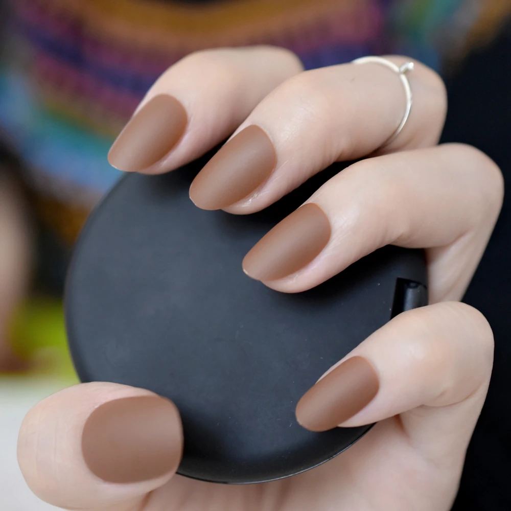 Matte Short Oval False Nails Coffee Brown Frosted Fake Nail Full Cover