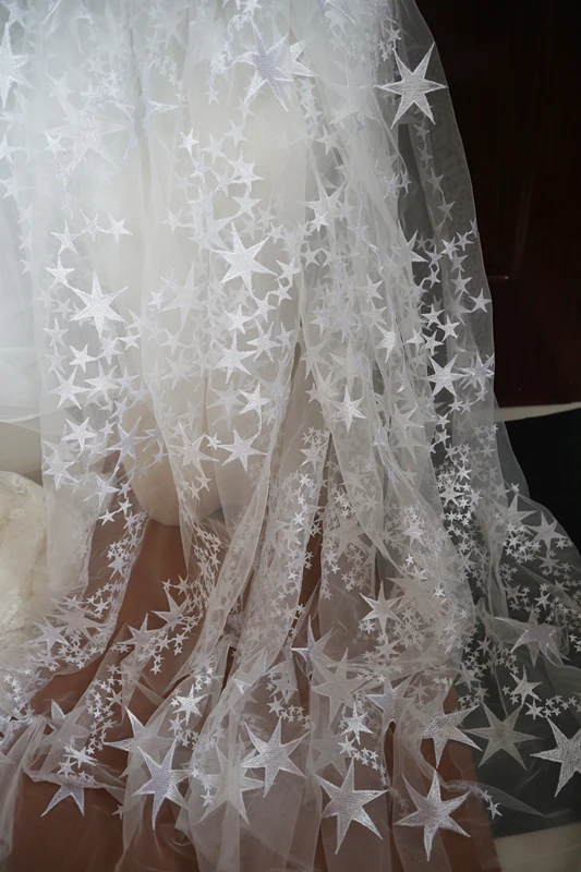 5 yards ivory white embroidered lace fabric, stars motif lace ...