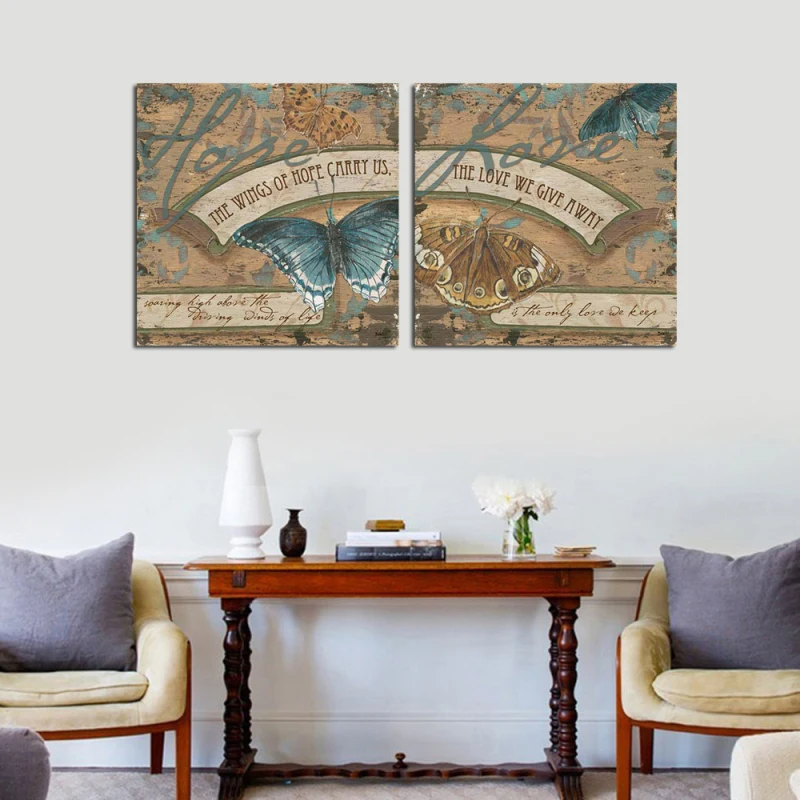 Free Ship 2pcs Canvas Print Oil Painting Butterflies Vitage Poster Wall ...
