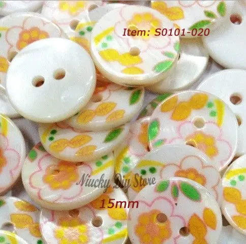 50pcs-15mm-2-holes-white-printed-flower-Shell-decorative-buttons-high ...