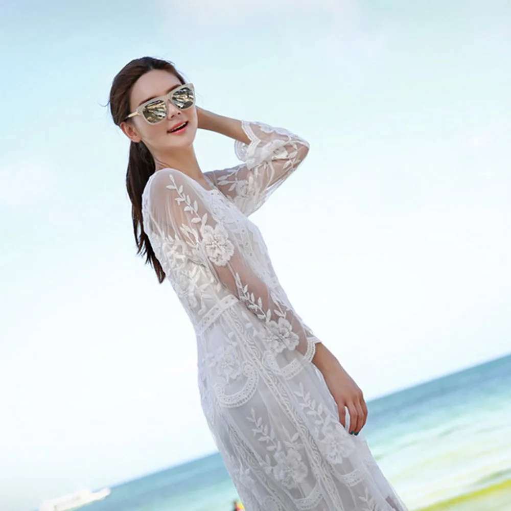 Summer Women Beach Dress Bathing Suit Cover Ups Tunic Lace Robe De