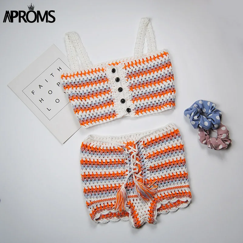 Aproms, разноцветный вязаный кроп-топ и шорты, Летний Пляжный Женский ...