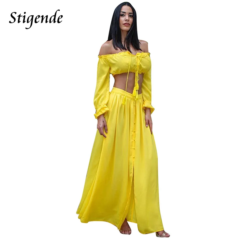 Stigende Plus Size Two Piece Sets Women Chiffon Long Sleeve Crop Top
