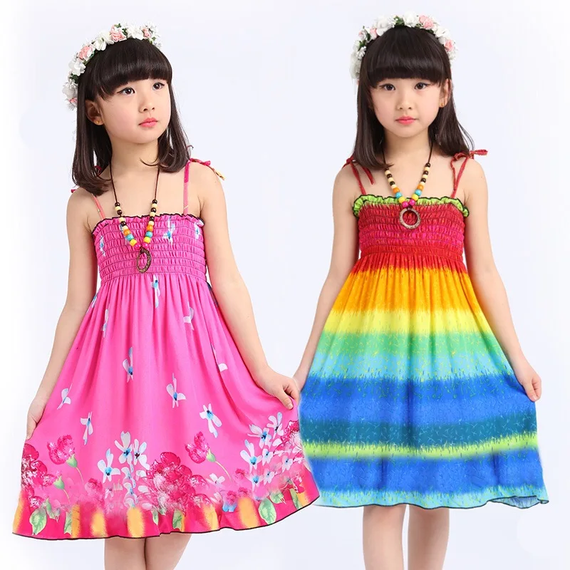 New Fashion Summer Girl Dress Printing Cool beach Strap Dress Cotton ...