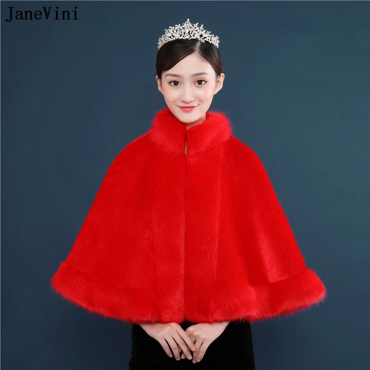 Janevini 고품질 웨딩 망토 인조 모피 숄 스톨 짧은 어깨를 으깨는 여성용 겨울 자켓 레드 신부 랩 이톨 포프루어웨딩