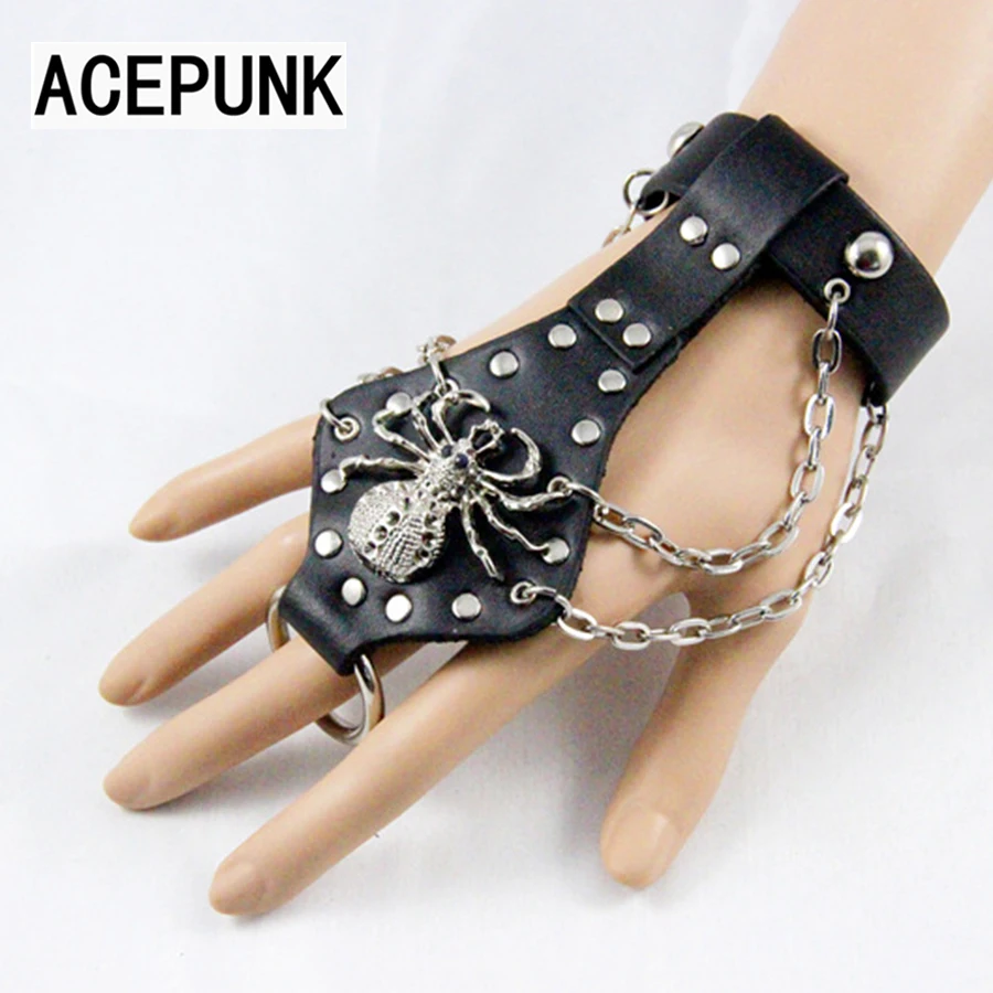 Punk Rivet Spider Black Leather Hand Chain Non Mainstream Bracelet Men ...